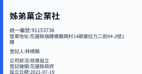 姊弟菓企業社的照片-統編 91153736(花蓮縣) 公司登記資料與營業項目詳細圖表