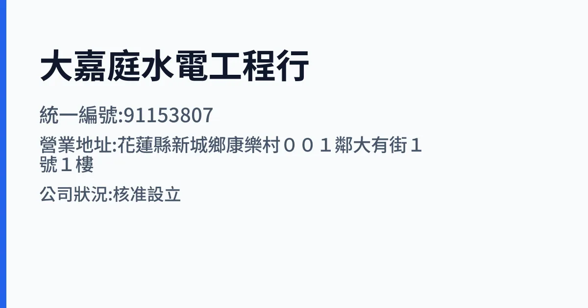 大嘉庭水電工程行 - 統編 91153807(花蓮縣) 公司登記資料與營業項目詳細圖表