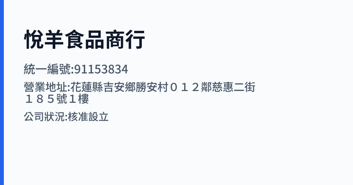 悅羊食品商行 - 統編 91153834(花蓮縣) 公司登記資料與營業項目詳細圖表
