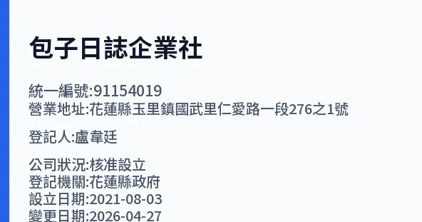 包子日誌企業社的照片-統編 91154019(花蓮縣) 公司登記資料與營業項目詳細圖表