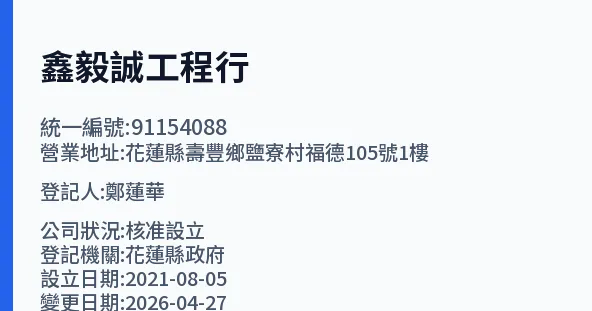 鑫毅誠工程行的照片-統編 91154088(花蓮縣) 公司登記資料與營業項目詳細圖表