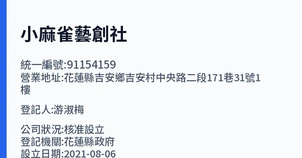 小麻雀藝創社的照片-統編 91154159(花蓮縣) 公司登記資料與營業項目詳細圖表