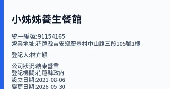 小姊姊養生餐館的照片-統編 91154165(花蓮縣) 公司登記資料與營業項目詳細圖表