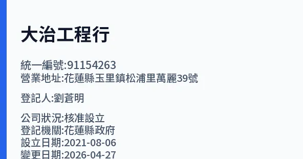 大治工程行的照片-統編 91154263(花蓮縣) 公司登記資料與營業項目詳細圖表