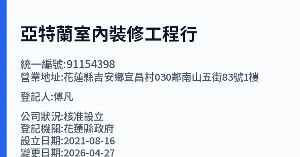 亞特蘭室內裝修工程行的照片-統編 91154398(花蓮縣) 公司登記資料與營業項目詳細圖表