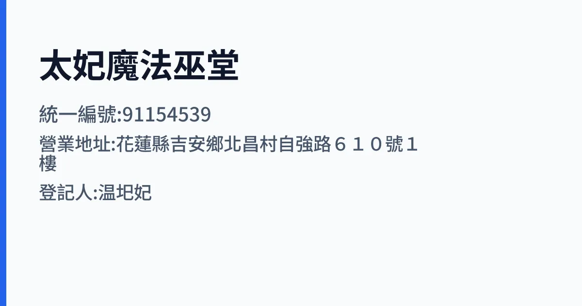 太妃魔法巫堂 - 統編 91154539(花蓮縣) 公司登記資料與營業項目詳細圖表