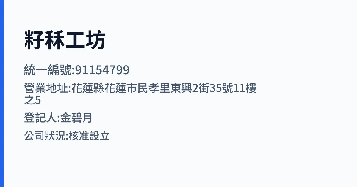 籽秝工坊 - 統編 91154799(花蓮縣) 公司登記資料與營業項目詳細圖表