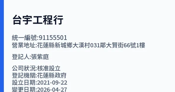 台宇工程行的照片-統編 91155501(花蓮縣) 公司登記資料與營業項目詳細圖表