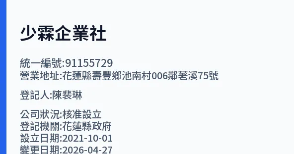 少霖企業社的照片-統編 91155729(花蓮縣) 公司登記資料與營業項目詳細圖表