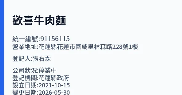 歡喜牛肉麵的照片-統編 91156115(花蓮縣) 公司登記資料與營業項目詳細圖表