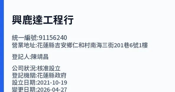 興鹿達工程行的照片-統編 91156240(花蓮縣) 公司登記資料與營業項目詳細圖表