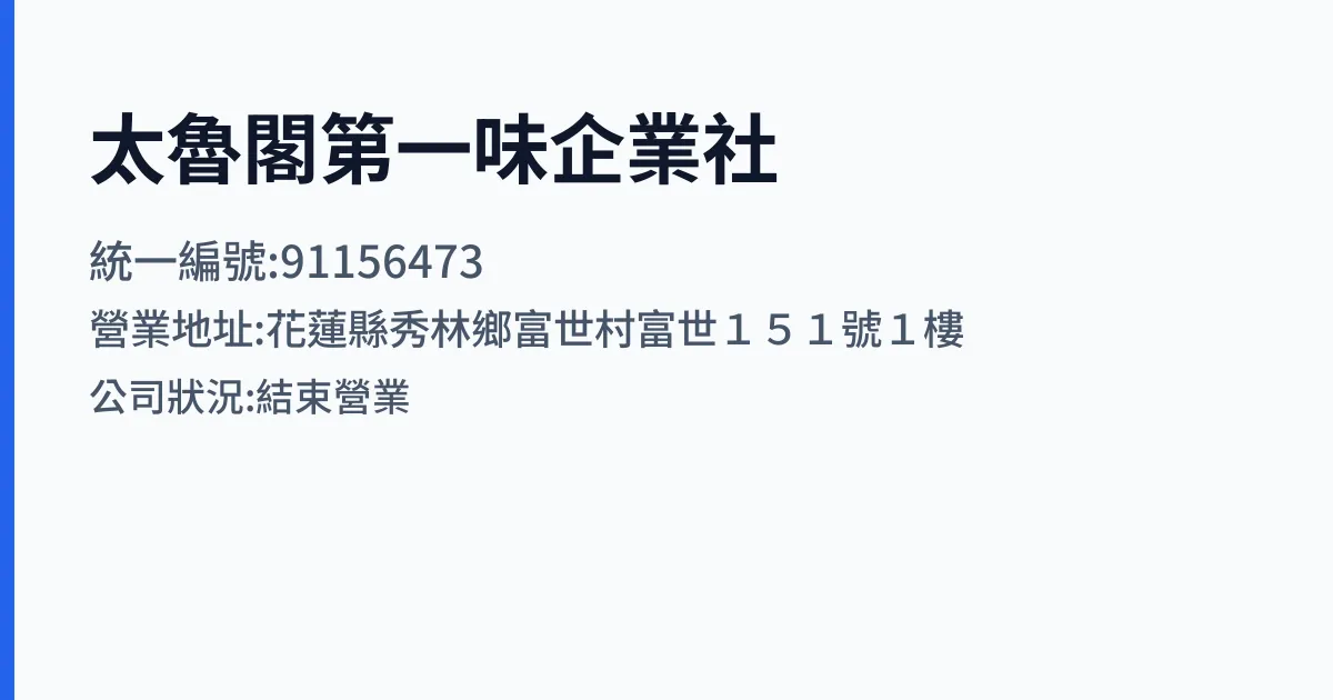 太魯閣第一味企業社 - 統編 91156473(花蓮縣) 公司登記資料與營業項目詳細圖表