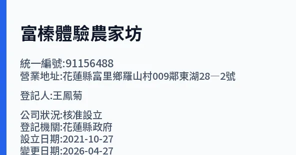 富榛體驗農家坊的照片-統編 91156488(花蓮縣) 公司登記資料與營業項目詳細圖表