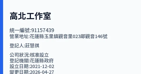 高北工作室的照片-統編 91157439(花蓮縣) 公司登記資料與營業項目詳細圖表
