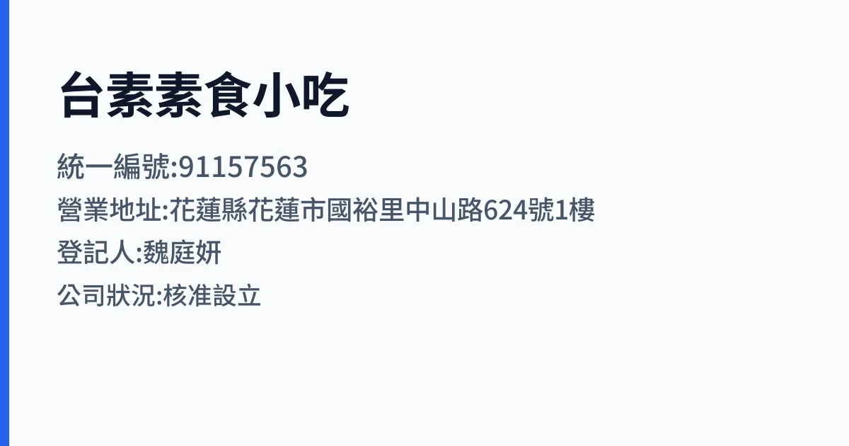 台素素食小吃 - 統編 91157563(花蓮縣) 公司登記資料與營業項目詳細圖表