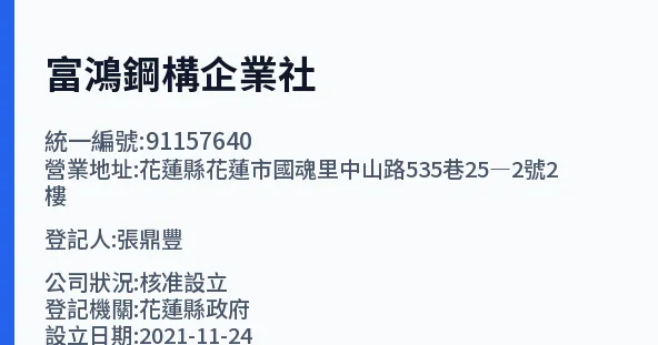 富鴻鋼構企業社的照片-統編 91157640(花蓮縣) 公司登記資料與營業項目詳細圖表