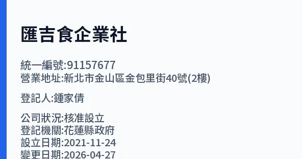 匯吉食企業社的照片-統編 91157677(新北市) 公司登記資料與營業項目詳細圖表