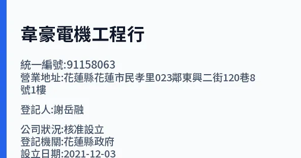 韋豪電機工程行的照片-統編 91158063(花蓮縣) 公司登記資料與營業項目詳細圖表
