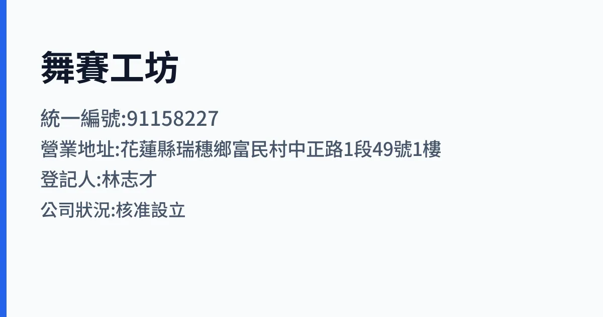 舞賽工坊 - 統編 91158227(花蓮縣) 公司登記資料與營業項目詳細圖表