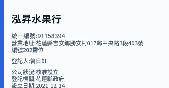 泓昇水果行的照片-統編 91158394(花蓮縣) 公司登記資料與營業項目詳細圖表