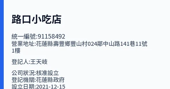 路口小吃店的照片-統編 91158492(花蓮縣) 公司登記資料與營業項目詳細圖表