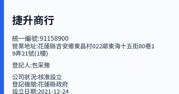捷升商行的照片-統編 91158900(花蓮縣) 公司登記資料與營業項目詳細圖表