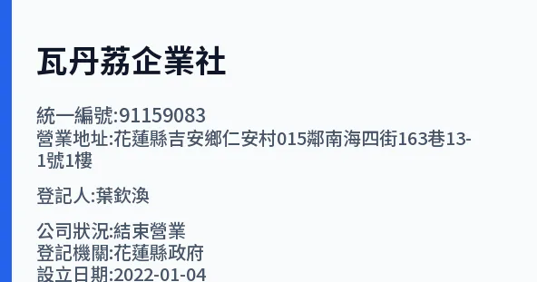 瓦丹荔企業社的照片-統編 91159083(花蓮縣) 公司登記資料與營業項目詳細圖表
