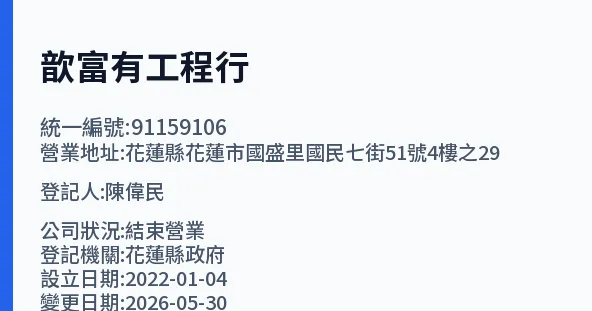 歆富有工程行的照片-統編 91159106(花蓮縣) 公司登記資料與營業項目詳細圖表