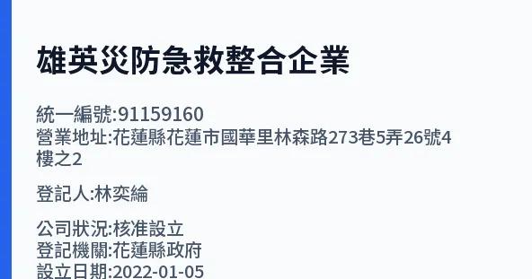 雄英災防急救整合企業的照片-統編 91159160(花蓮縣) 公司登記資料與營業項目詳細圖表