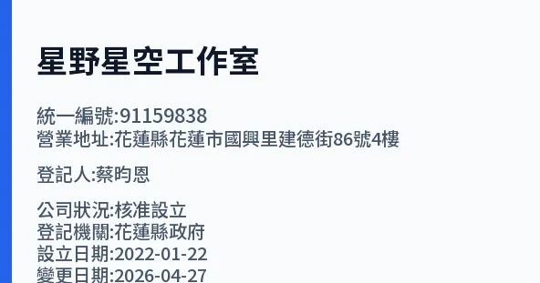 星野星空工作室的照片-統編 91159838(花蓮縣) 公司登記資料與營業項目詳細圖表