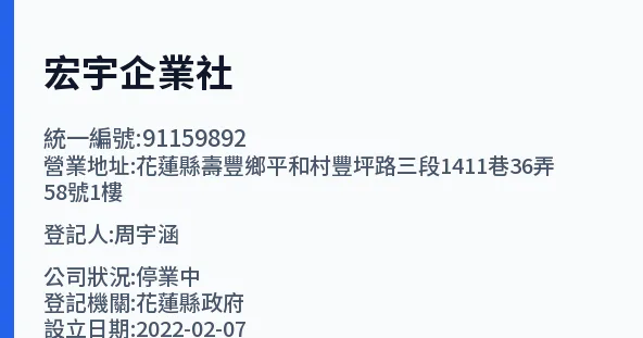 宏宇企業社的照片-統編 91159892(花蓮縣) 公司登記資料與營業項目詳細圖表