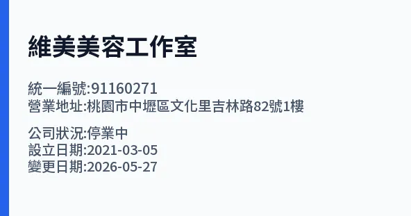 維美美容工作室的照片-統編 91160271(桃園市) 公司登記資料與營業項目詳細圖表