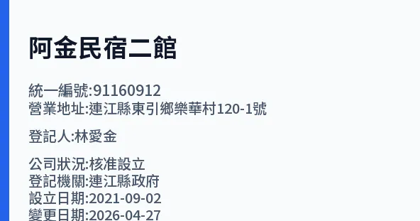 阿金民宿二館的照片-統編 91160912(連江縣) 公司登記資料與營業項目詳細圖表