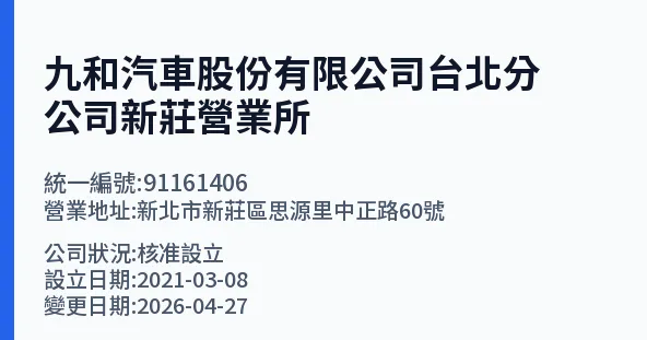 九和汽車股份有限公司台北分公司新莊營業所的照片-統編 91161406(新北市) 公司登記資料與營業項目詳細圖表