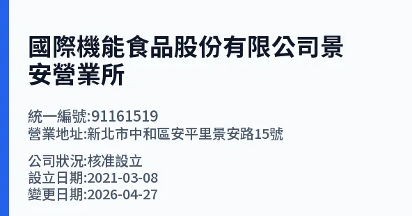 國際機能食品股份有限公司景安營業所的照片-統編 91161519(新北市) 公司登記資料與營業項目詳細圖表