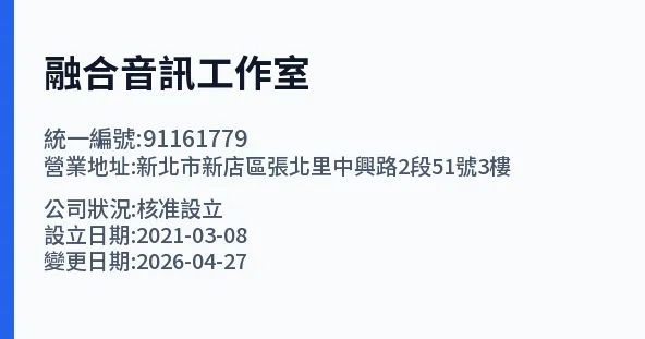 融合音訊工作室的照片-統編 91161779(新北市) 公司登記資料與營業項目詳細圖表