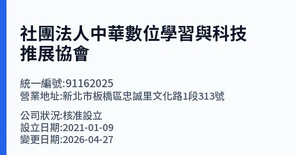 社團法人中華數位學習與科技推展協會的照片-統編 91162025(新北市) 公司登記資料與營業項目詳細圖表