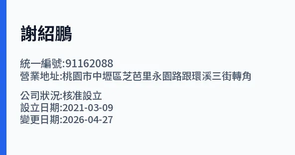 謝紹鵬的照片-統編 91162088(桃園市) 公司登記資料與營業項目詳細圖表