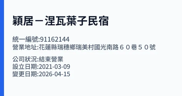 穎居－涅瓦葉子民宿的照片-統編 91162144(花蓮縣) 公司登記資料與營業項目詳細圖表