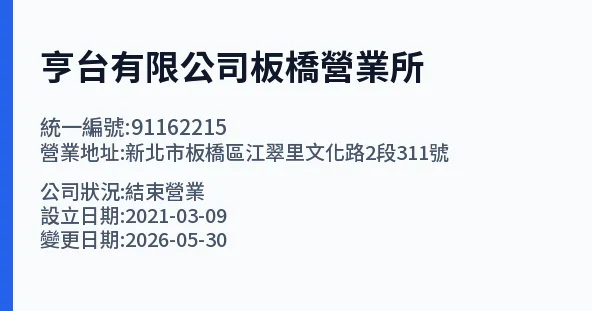 亨台有限公司板橋營業所的照片-統編 91162215(新北市) 公司登記資料與營業項目詳細圖表