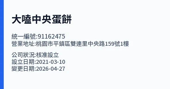 大嗑中央蛋餅的照片-統編 91162475(桃園市) 公司登記資料與營業項目詳細圖表