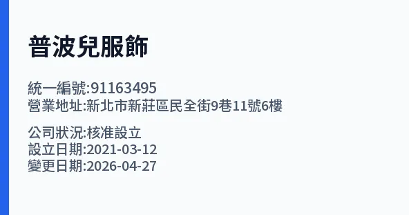 普波兒服飾的照片-統編 91163495(新北市) 公司登記資料與營業項目詳細圖表