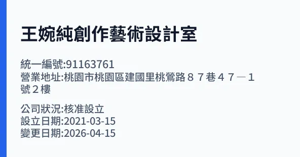 王婉純創作藝術設計室的照片-統編 91163761(桃園市) 公司登記資料與營業項目詳細圖表