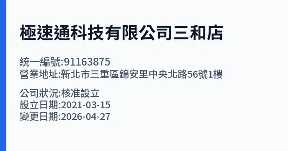 極速通科技有限公司三和店的照片-統編 91163875(新北市) 公司登記資料與營業項目詳細圖表