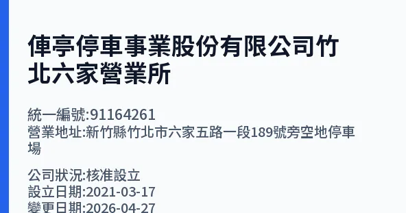 俥亭停車事業股份有限公司竹北六家營業所的照片-統編 91164261(新竹縣) 公司登記資料與營業項目詳細圖表