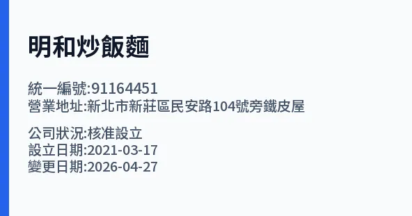 明和炒飯麵的照片-統編 91164451(新北市) 公司登記資料與營業項目詳細圖表