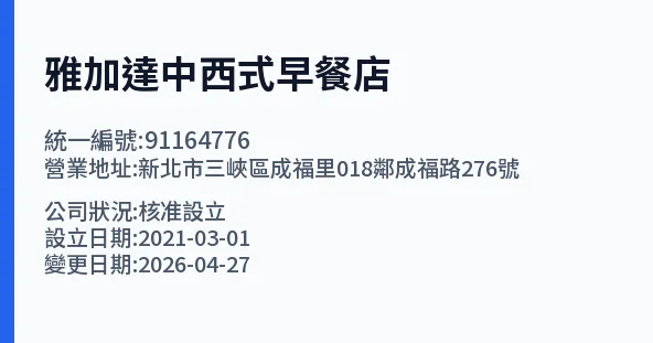 雅加達中西式早餐店的照片-統編 91164776(新北市) 公司登記資料與營業項目詳細圖表