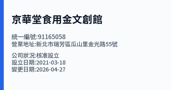 京華堂食用金文創館的照片-統編 91165058(新北市) 公司登記資料與營業項目詳細圖表