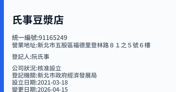 氏事豆漿店的照片-統編 91165249(新北市) 公司登記資料與營業項目詳細圖表