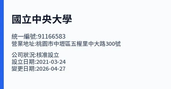 國立中央大學的照片-統編 91166583(桃園市) 公司登記資料與營業項目詳細圖表